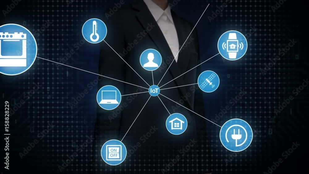 Businesswoman touch screen, IoT technology connect global world map ...