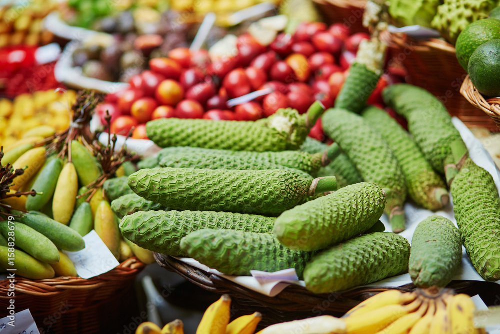 Exotic fruit of monstera deliciosa on market Mercado dos Lavradores ...