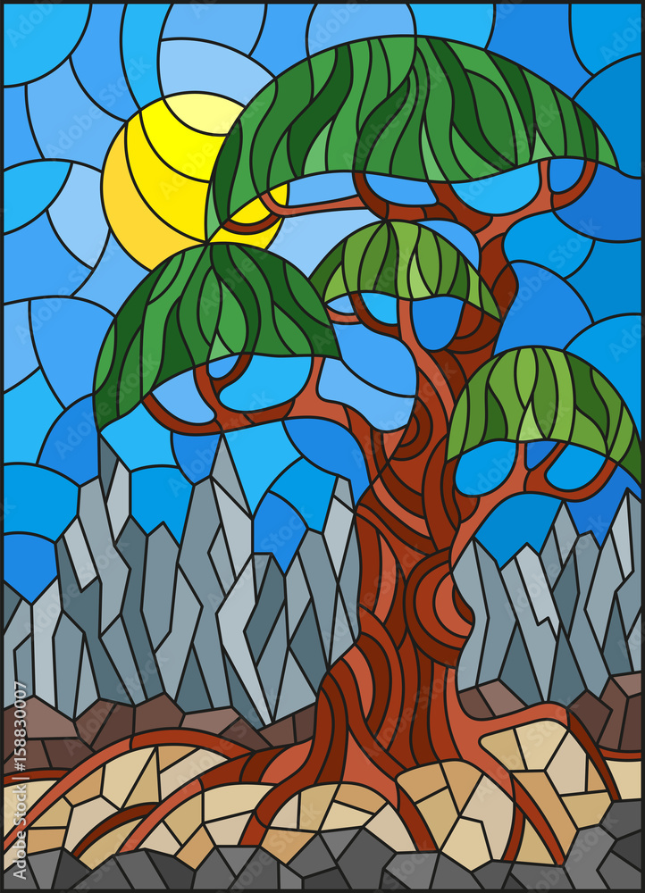 Illustration in stained glass style with green abstract tree on the ...