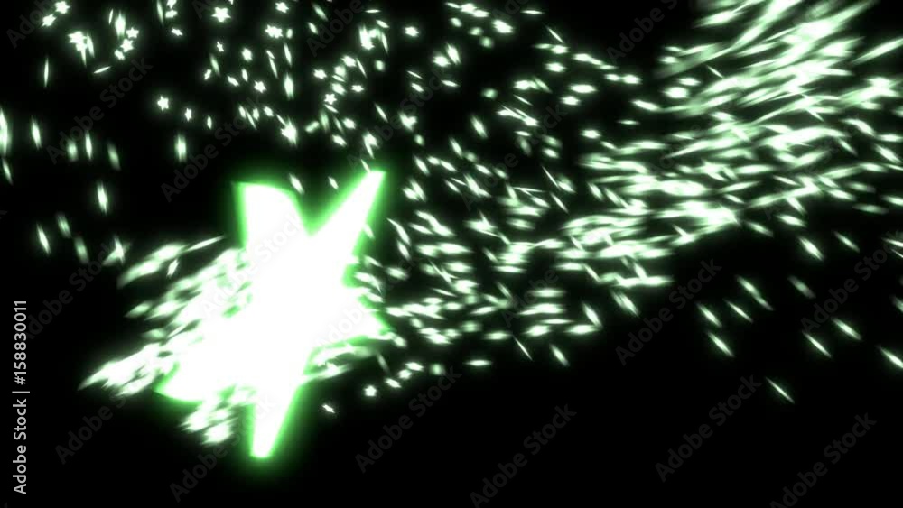 Animated falling, spinning glowing green start with exploding ...