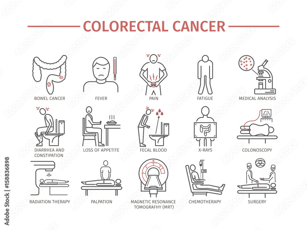 Colorectal Cancer Symptoms Diagnostics Line Icons Set Vector Signs