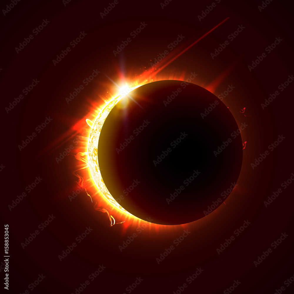 New sun eclipse vector illustration, 3d bright sunny summer day. Half ...