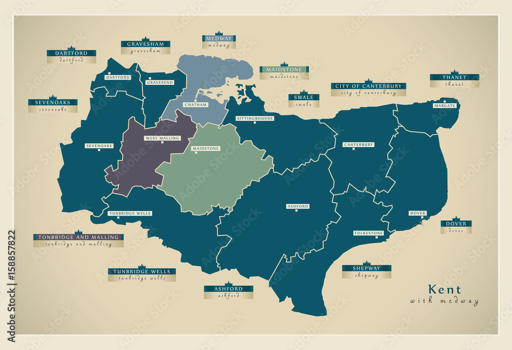 Modern Map - Kent county with details and Medway UK illustration Stock ...