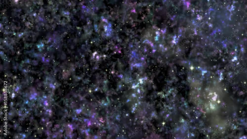 Flying through colorful realistic scattered nebula cloud with stars ...