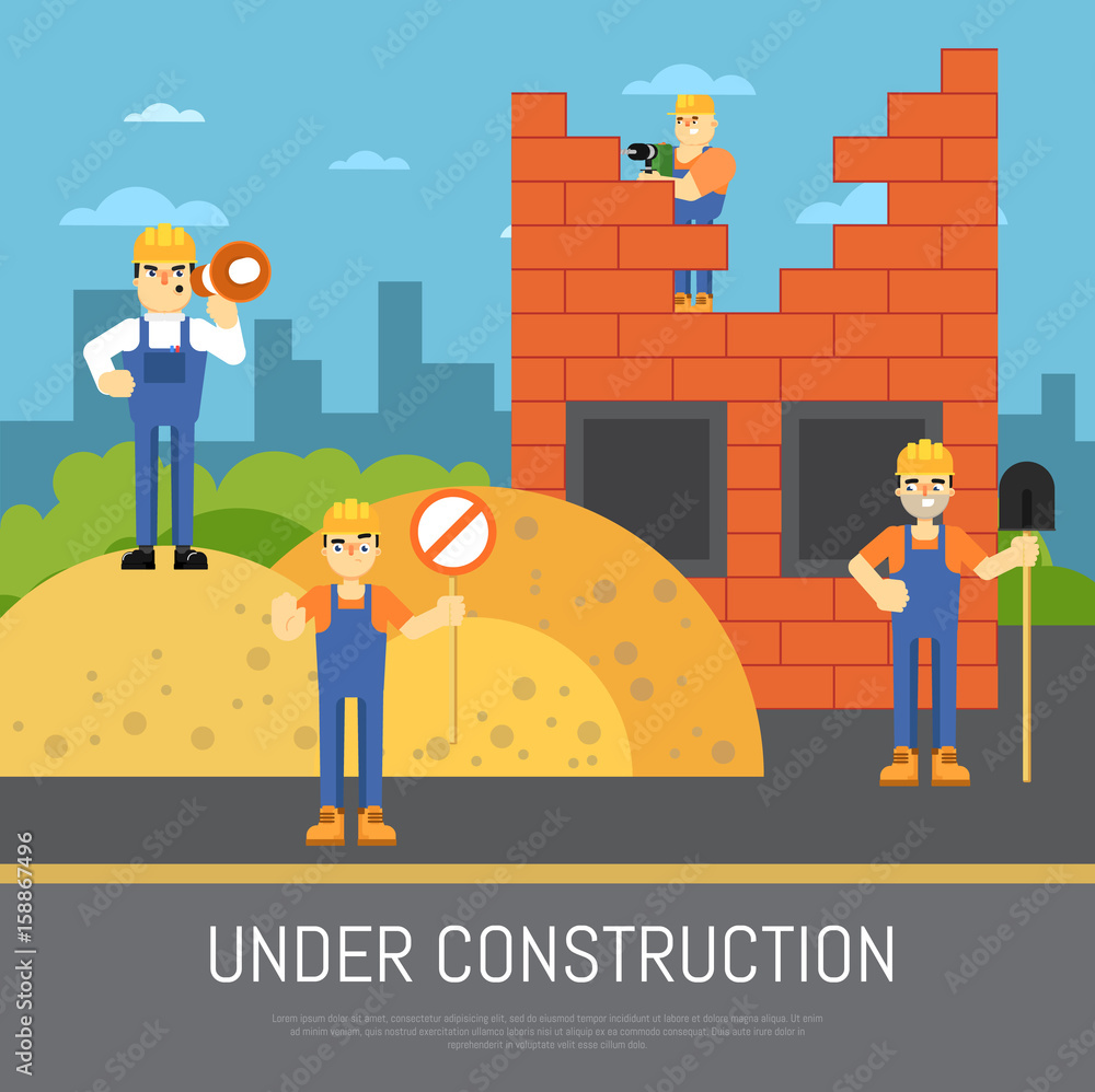 Under construction banner with workers in uniform and helmet vector ...