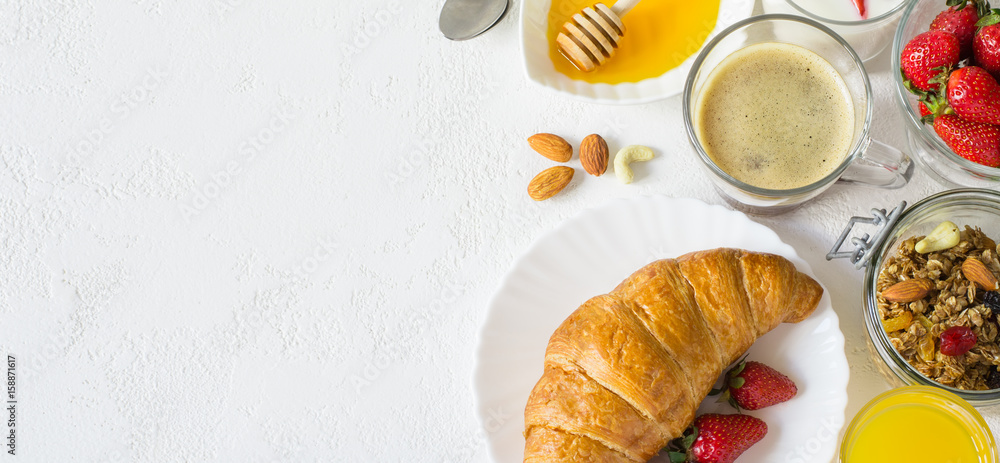 Food background with various ingredients for breakfast on white ...