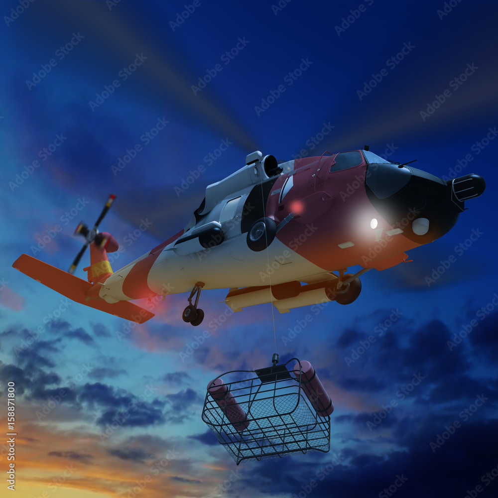 3d illustration of Coast guard helicopter lowering a rescue basket ...