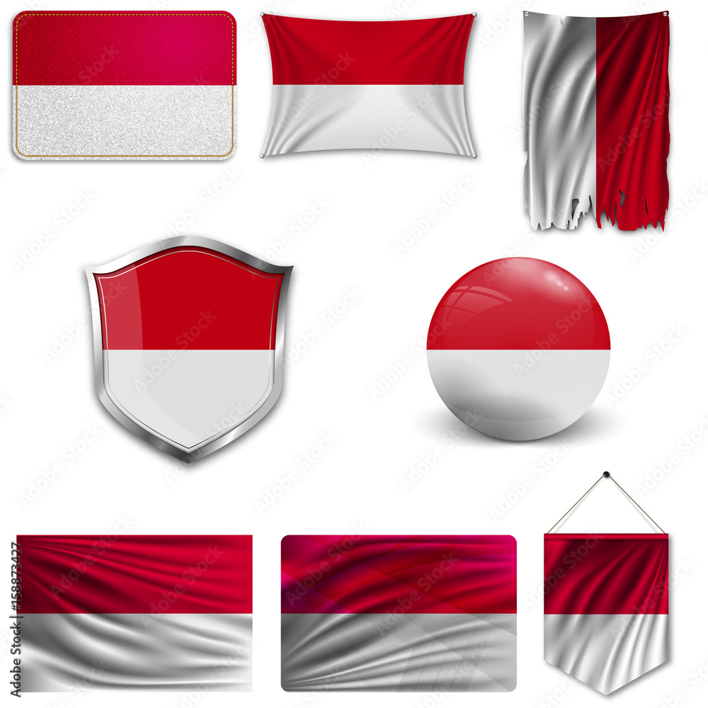 Set of the national flag of Indonesia and Monaco in different designs ...