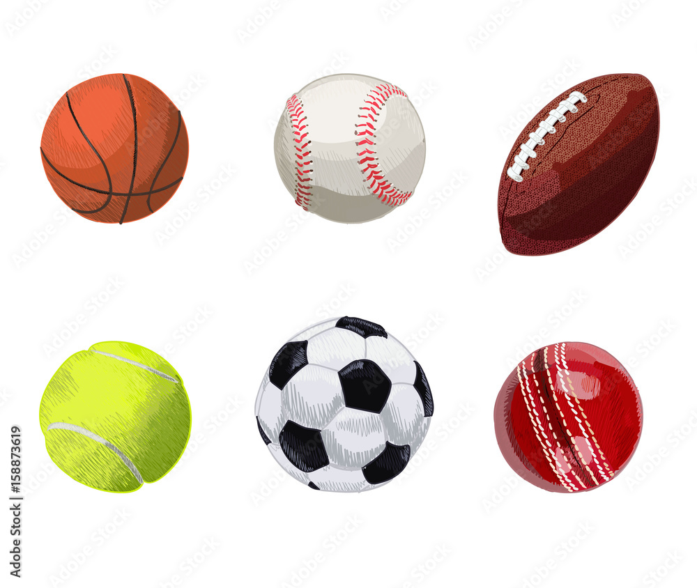 Set of sport balls. Hand drawn VECTOR illustration. Basketball ...