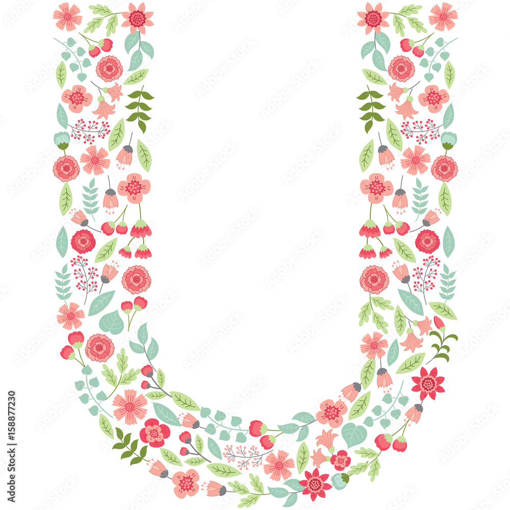 Vector floral letter U. Vector floral abc. English floral alphabet ...