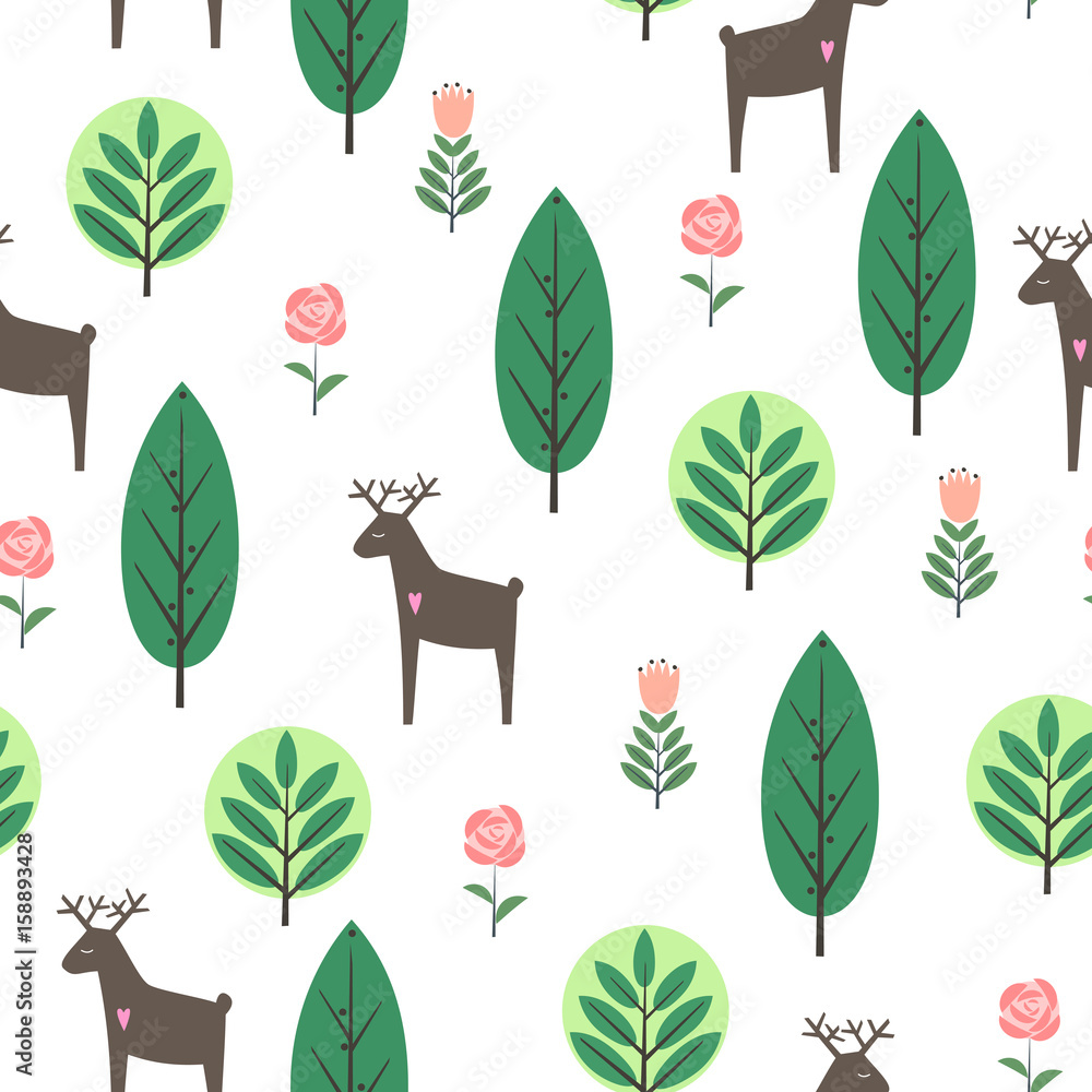 Spring trees, flowers and deer seamless pattern on white background ...