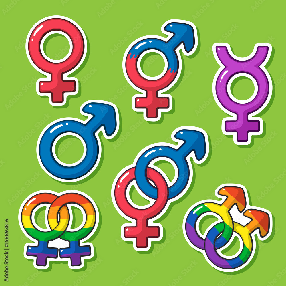 Vector illustration. Sticker set of gender symbols with rainbow signs ...