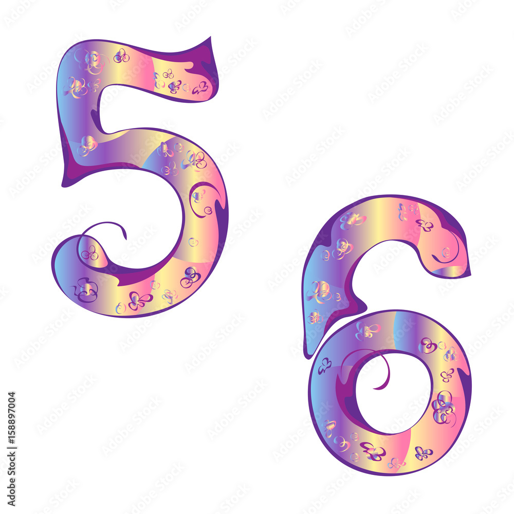 number 18. Arabic numerals 5 and 6 in pastel colours on a white ...
