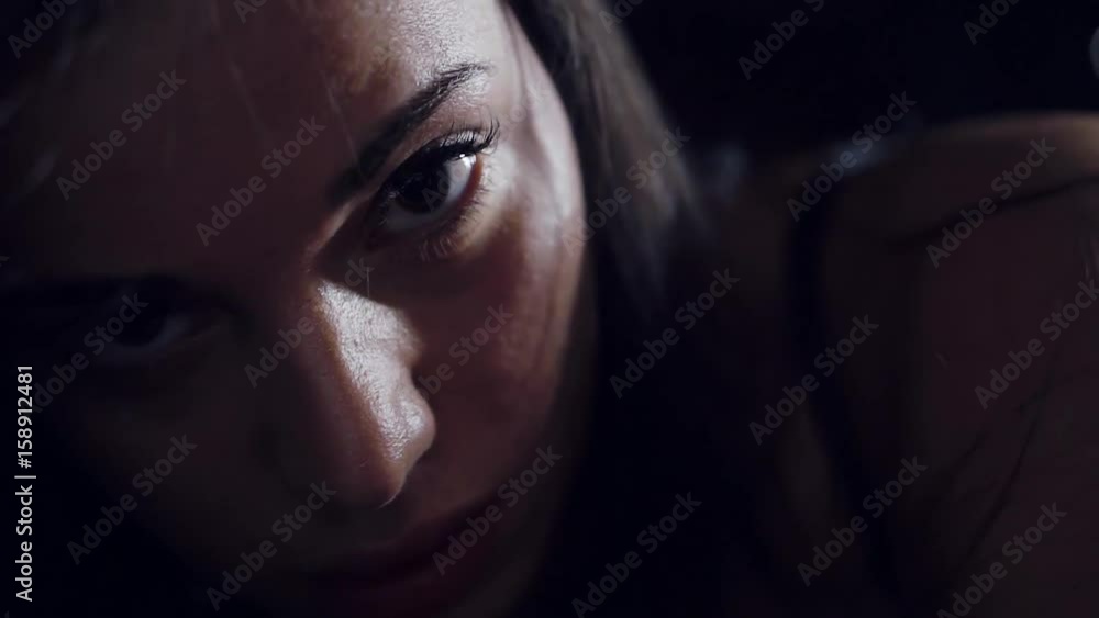 Close Up Face Of A Sexy Girl In A Dark Room Draws Light Large Eyes With Large Lush Eyelashes