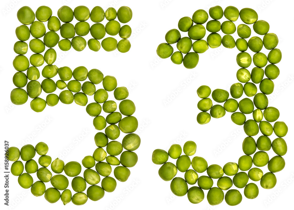 Arabic numeral 53, fifty three, from green peas, isolated on white ...