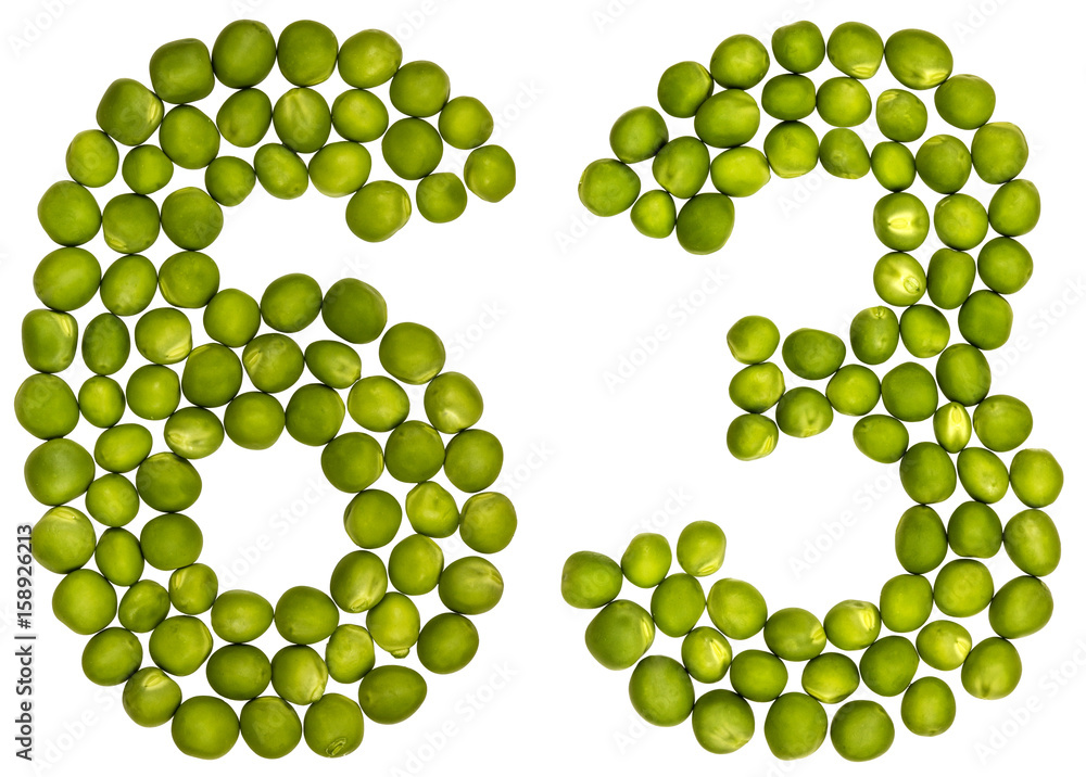 Arabic numeral 63, sixty three, from green peas, isolated on white ...