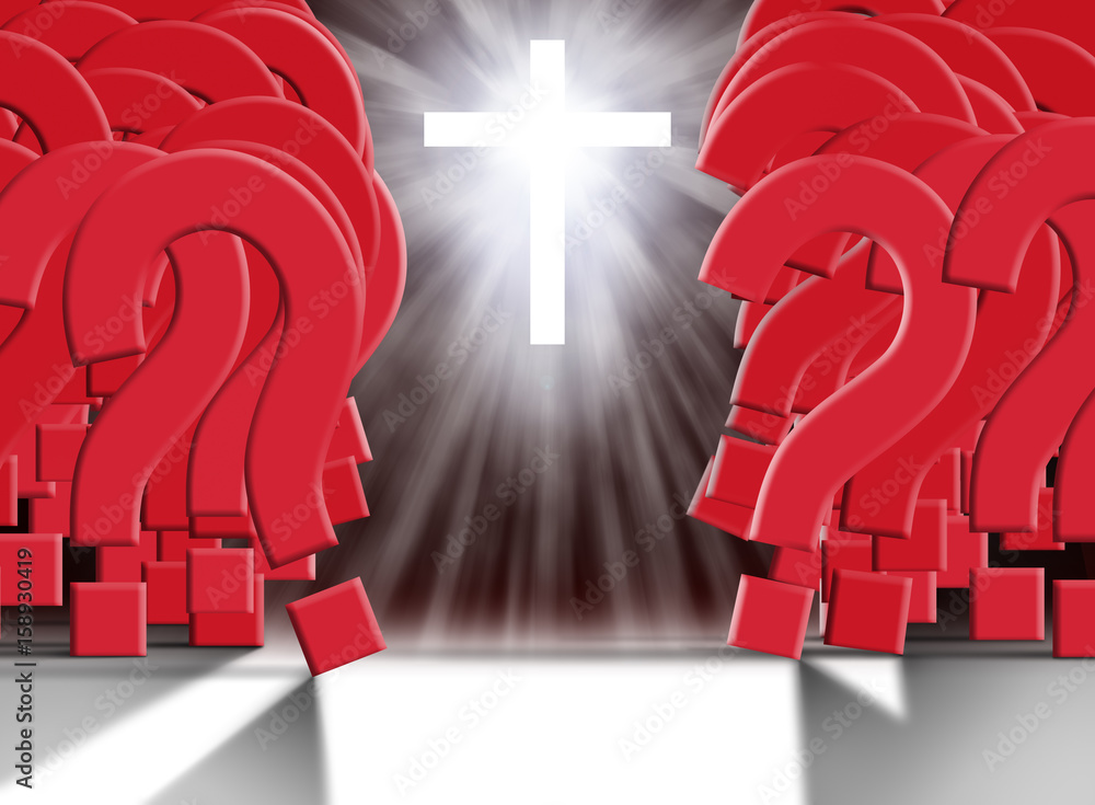 Glowing cross with flowing light beams parting a giant wall of huge red ...