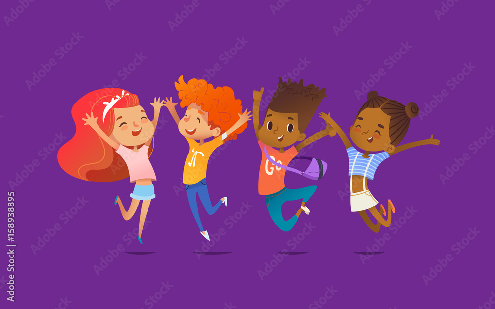 Joyous school friends happily jumping with their hands up against ...