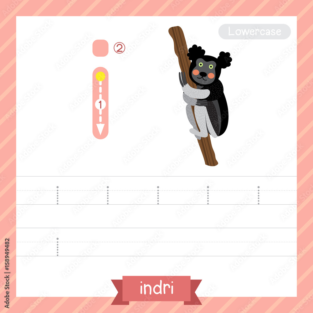 Letter I lowercase tracing practice worksheet with indri for kids ...