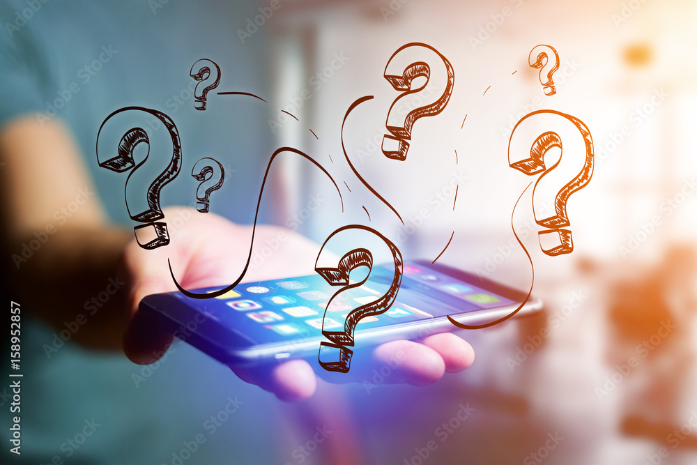 Hand drawn question mark icon going out a smartphone interface of a man ...