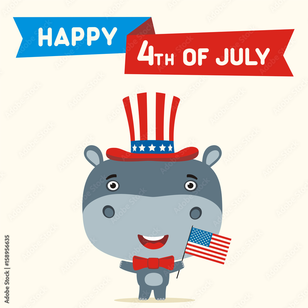 Happy 4th of july! Funny hippo with flag USA for independence day ...