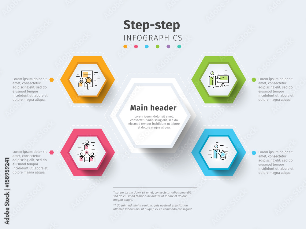 Business 4 step process chart infographics with step circles. Bright ...