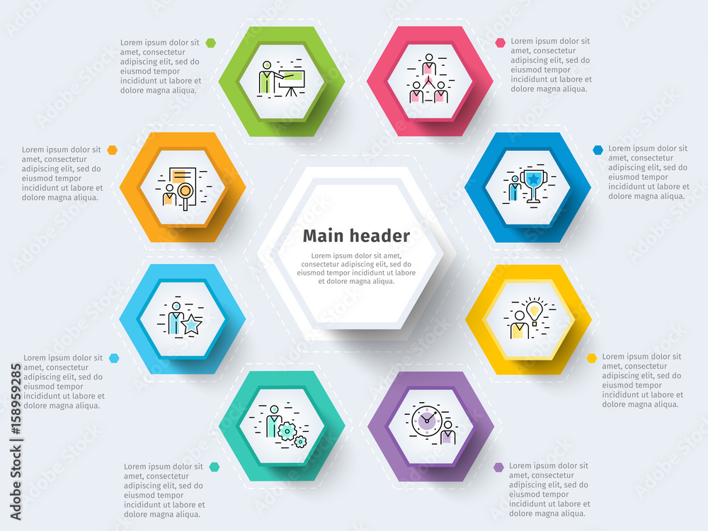 Business 8 step process chart infographics with step circles. Bright ...