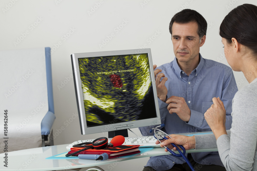 Models On screen, recolorized ultrasound scan of a prostate carcinoma ...