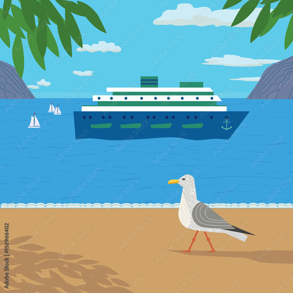 Nautical poster concept. Seagull on sea beach. Hand drawn cartoon style ...