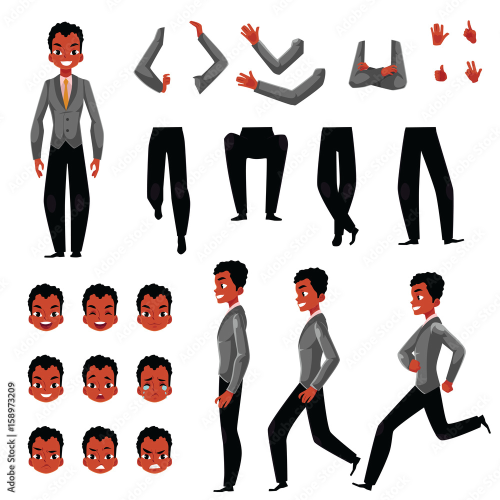 Black, African American man character creation set with different ...