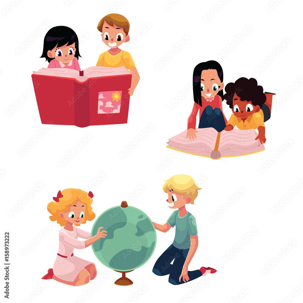 Kids, children reading, studying, learning together, cartoon vector ...