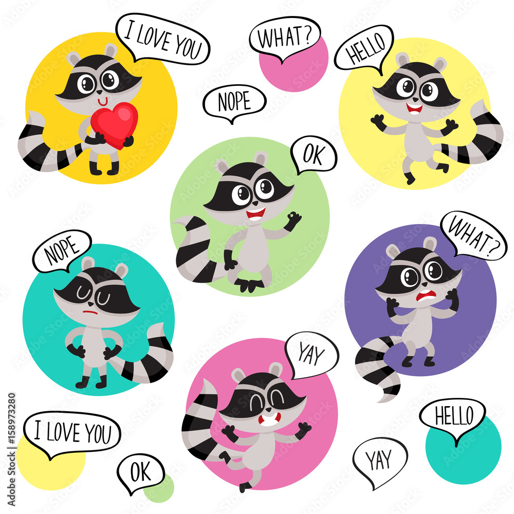 Emoji, emoticon stickers with cute raccoon character and speech bubbles ...