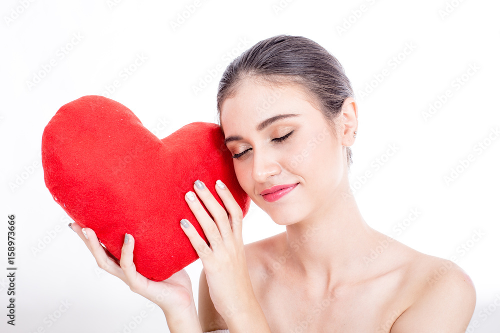 Beautiful Woman Face Portrait Beauty with red heart. Fashion Beauty ...