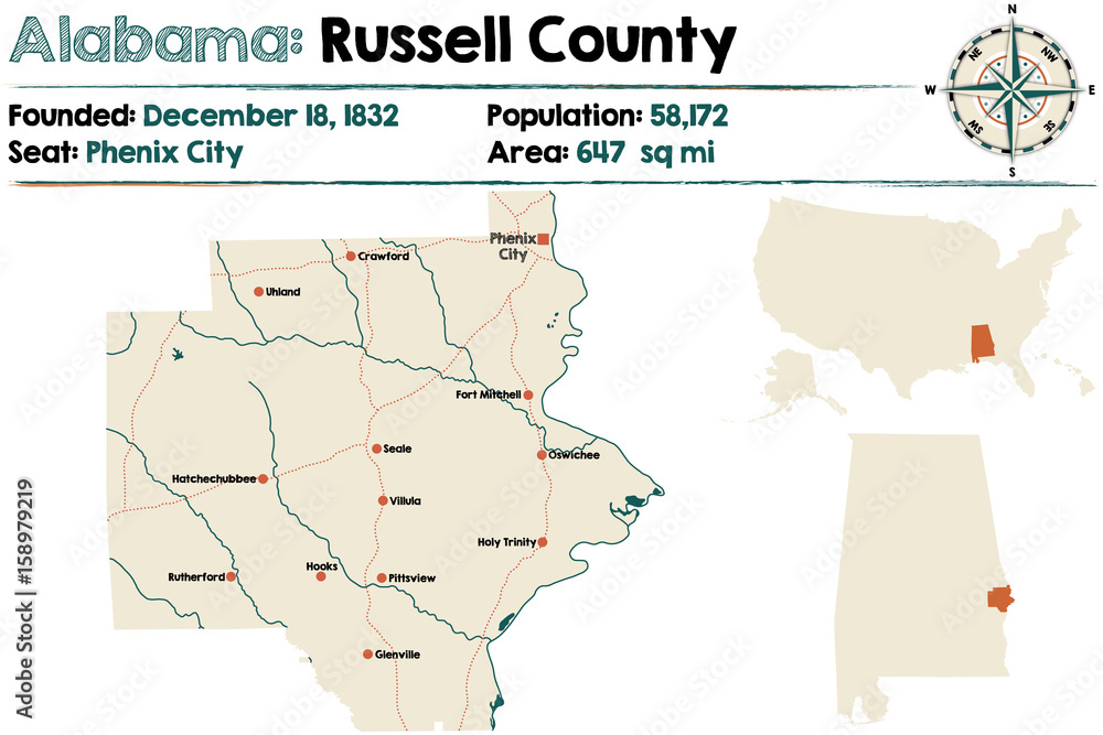 Large and detailed map of Russell County in Alabama. Stock Vector | Adobe Stock
