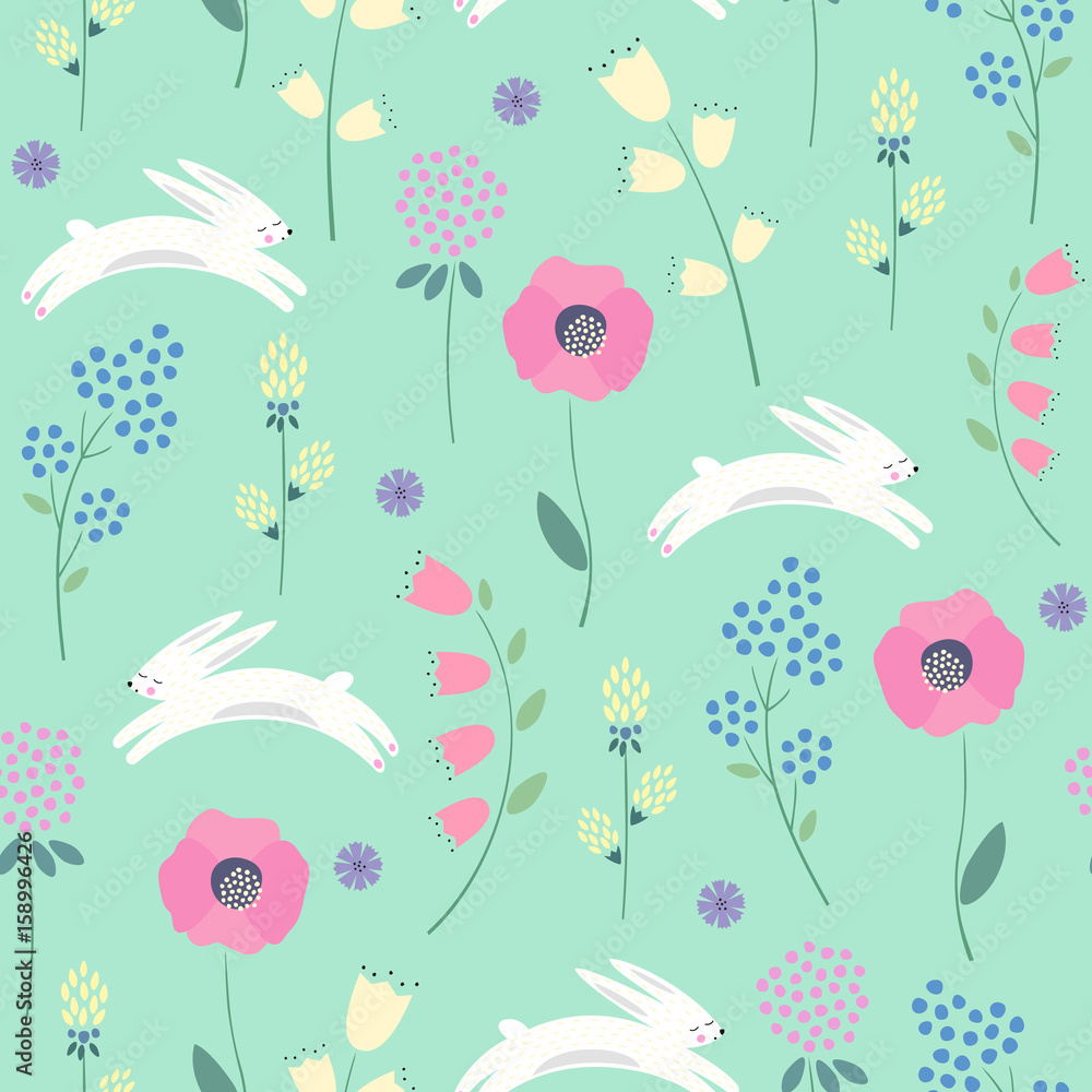 Easter bunny with spring flowers seamless pattern on green background ...