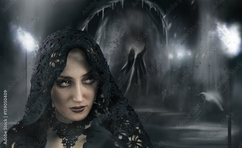 Chasing a woman photo. A beautiful woman in head shawl running away ...