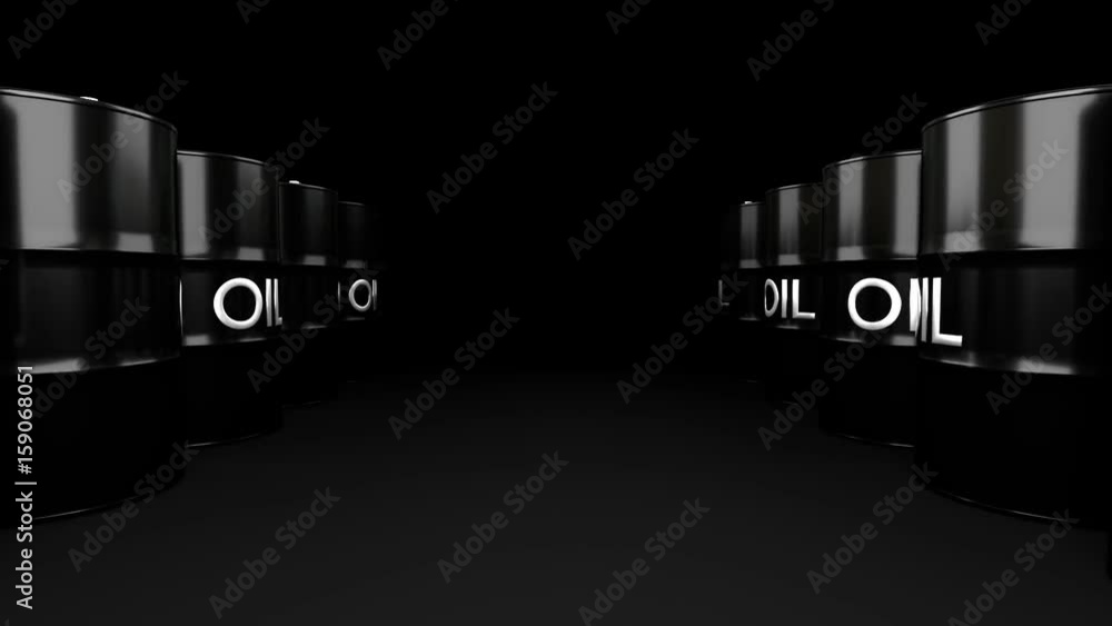 Animated road, alley of infinite barrels of crude oil against black ...