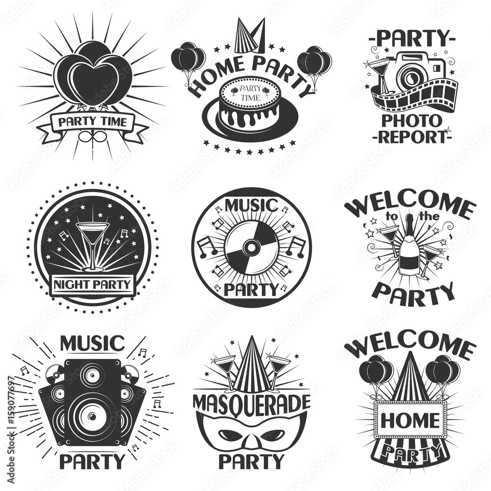 Vector party set of emblems, badges, stickers or banners. Design ...