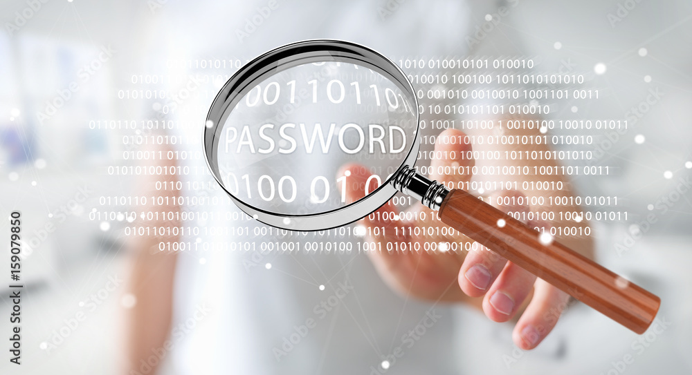 Hacker using digital magnifying glass to find password 3D rendering ...