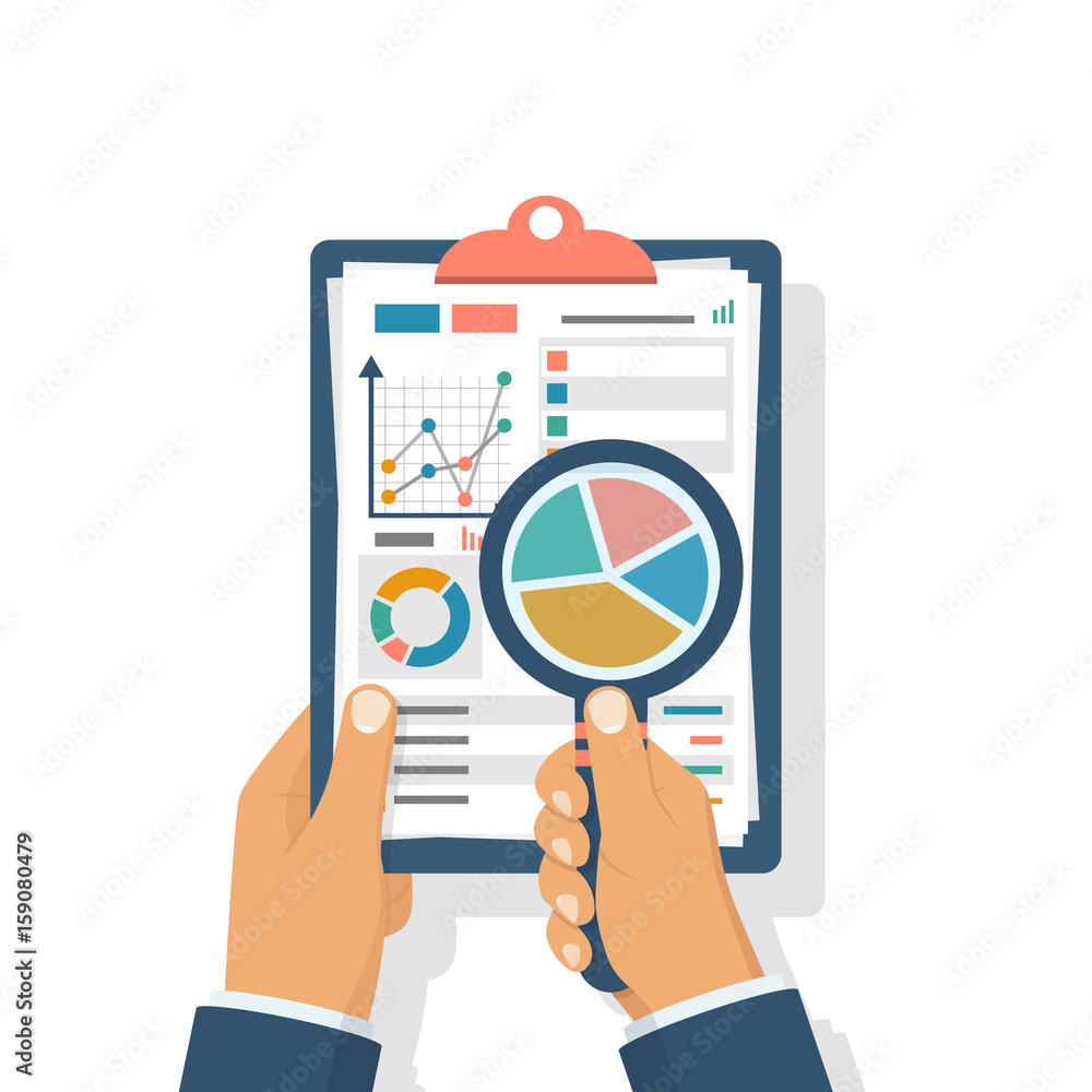 Data analysis. Clipboard in hand businessman, statistical datawith charts, diagrams. Workplace ...