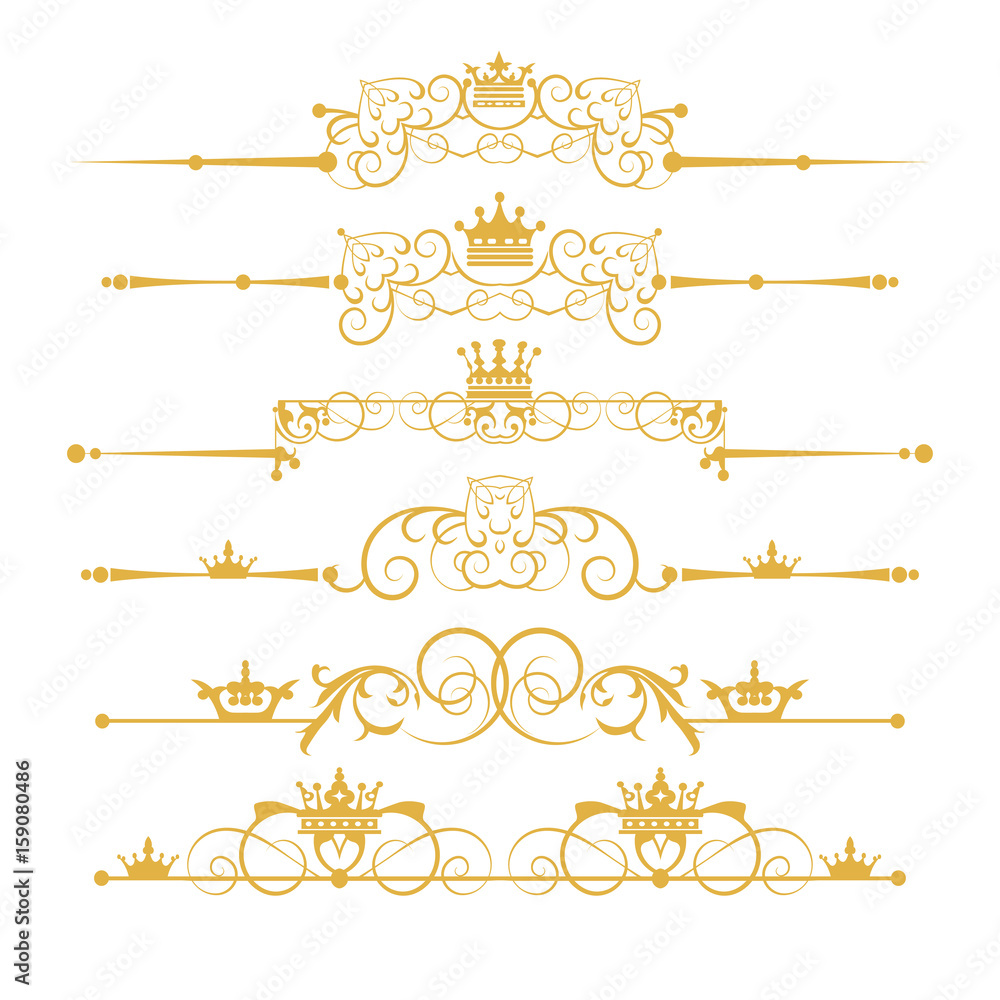 Gold element. Set, victorian scrolls and crown. Decorative elements ...