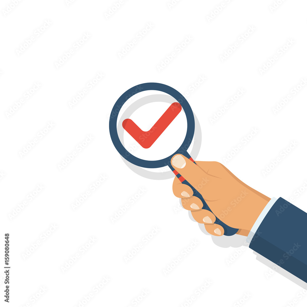 Check mark icon. Man holding a magnifying glass in hand. Magnified tick ...