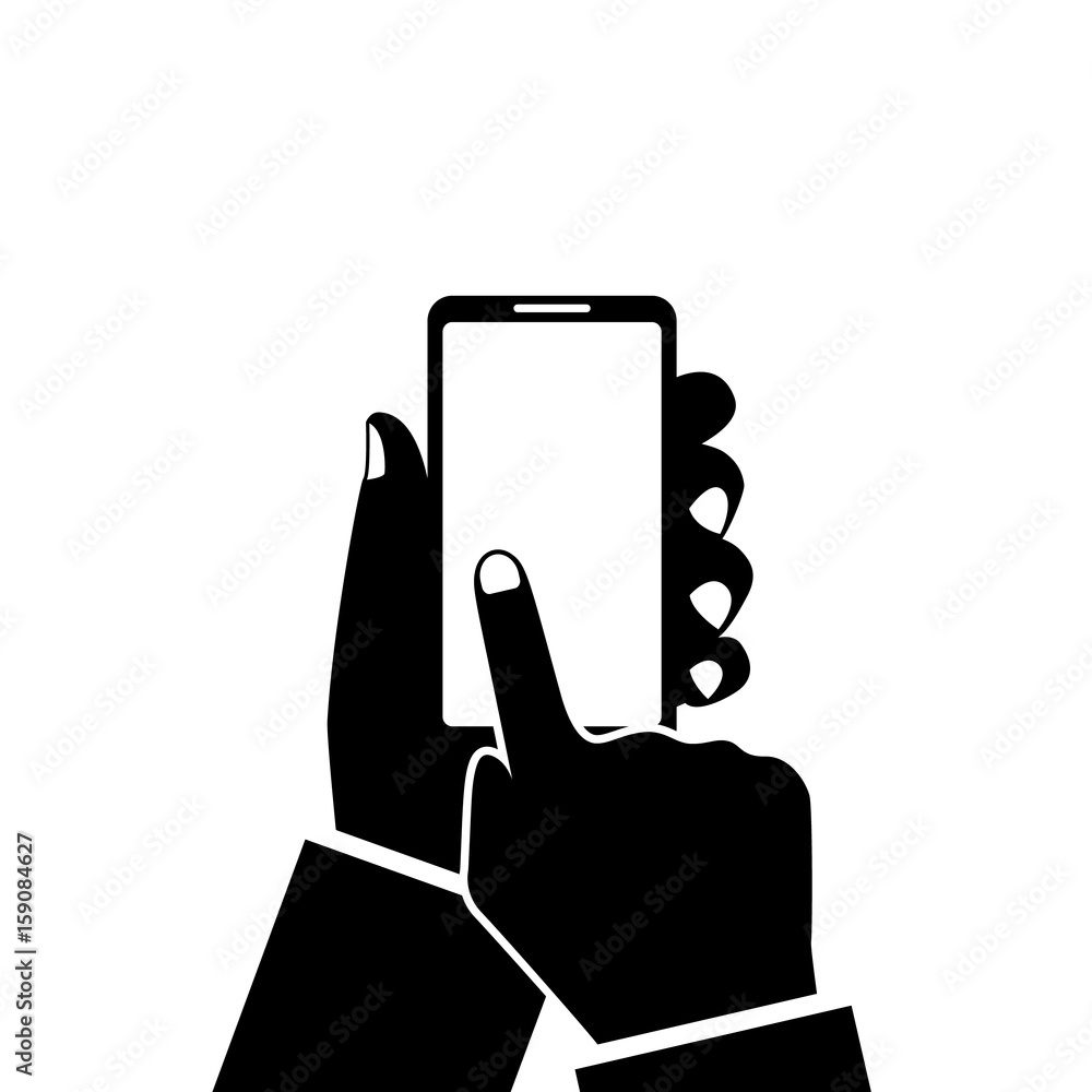 Phone in hand icon isolated black silhouette on white background ...