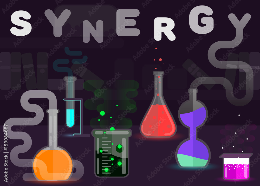 Synergy as a chemical reaction concept illustration. Flat style vector ...