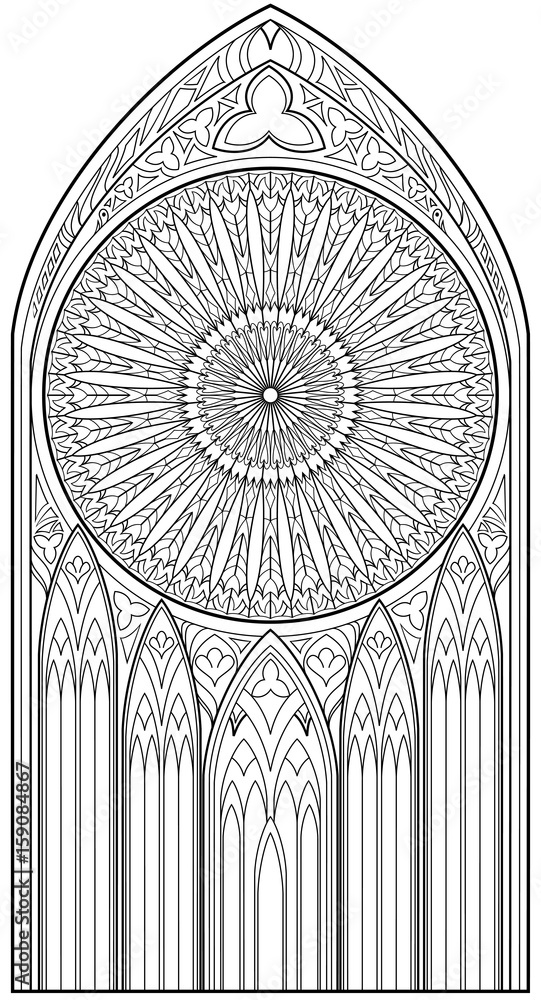 Page with black and white drawing of beautiful medieval Gothic window ...