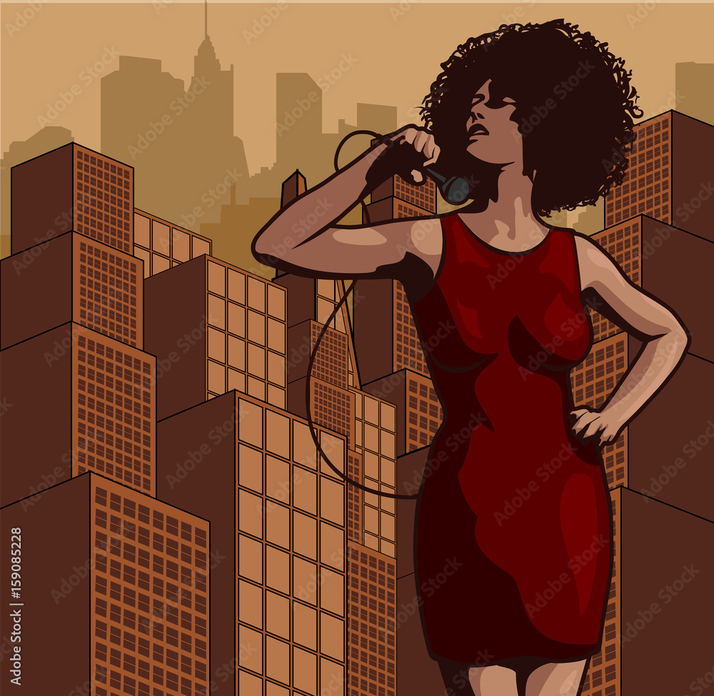 Vintage poster with cityscape , retro woman singer and moon. Red dress ...