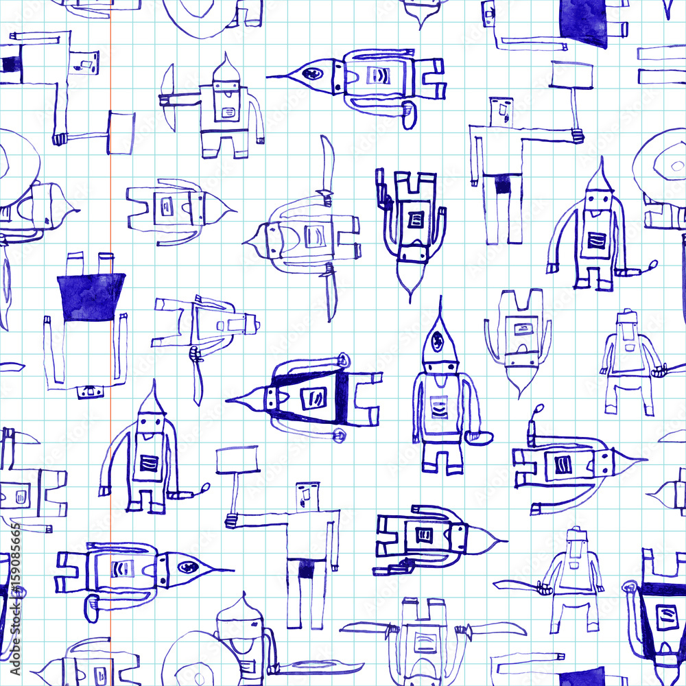Hero seamless pattern. Amazing child's drawing with school pen. Cute ... Hero seamless pattern. Amazing child's drawing with school pen. Cute ...