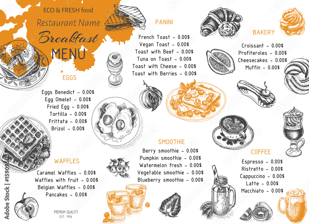 Vector illustration sketch - breakfast. Card Menu brunch. design ...