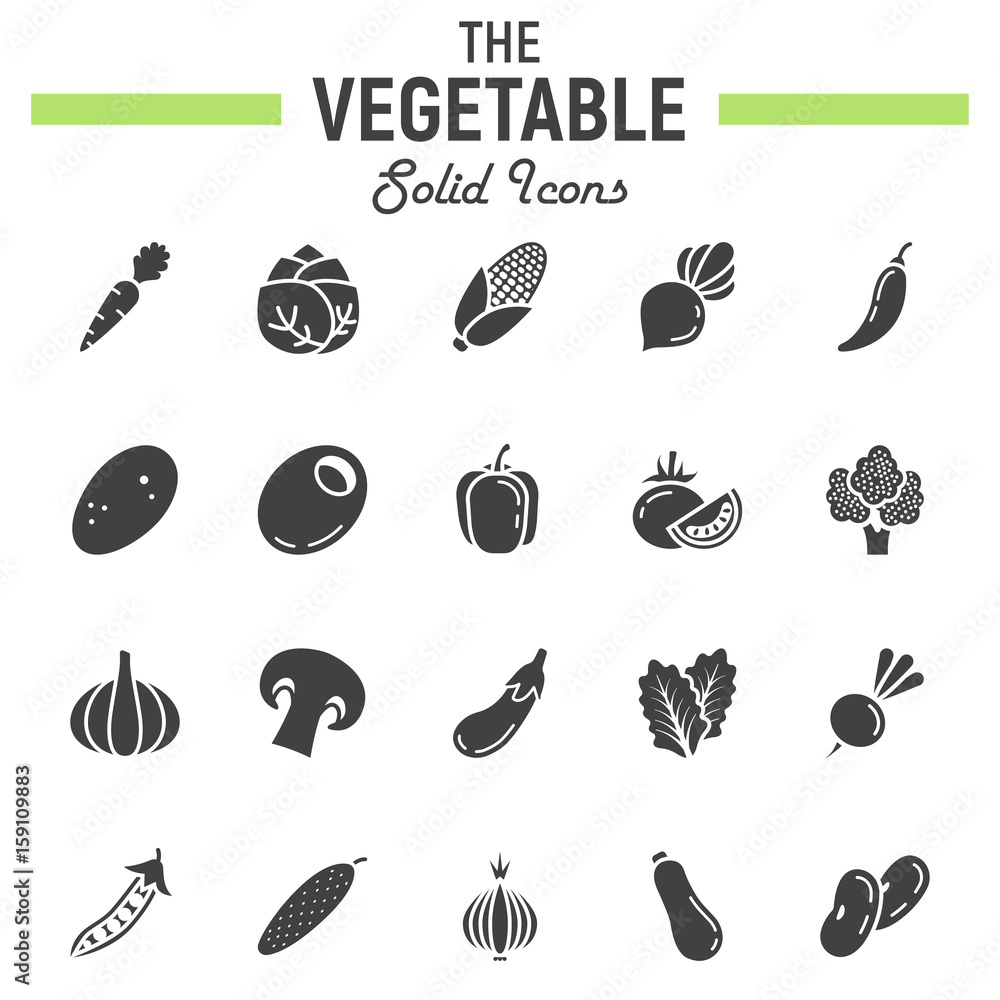 Vegetable solid icon set, food symbols collection, vegetarian vector ...