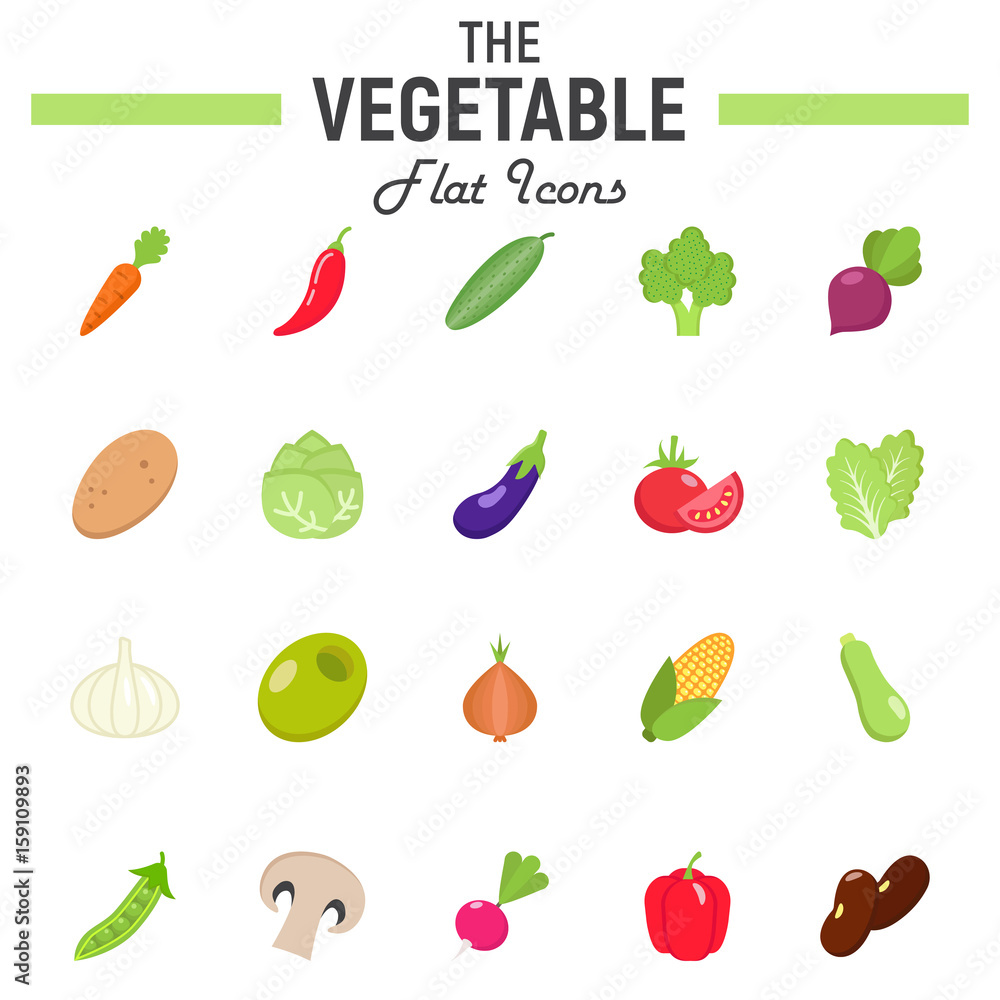 Vegetable flat icon set, food symbols collection, vegetarian vector ...